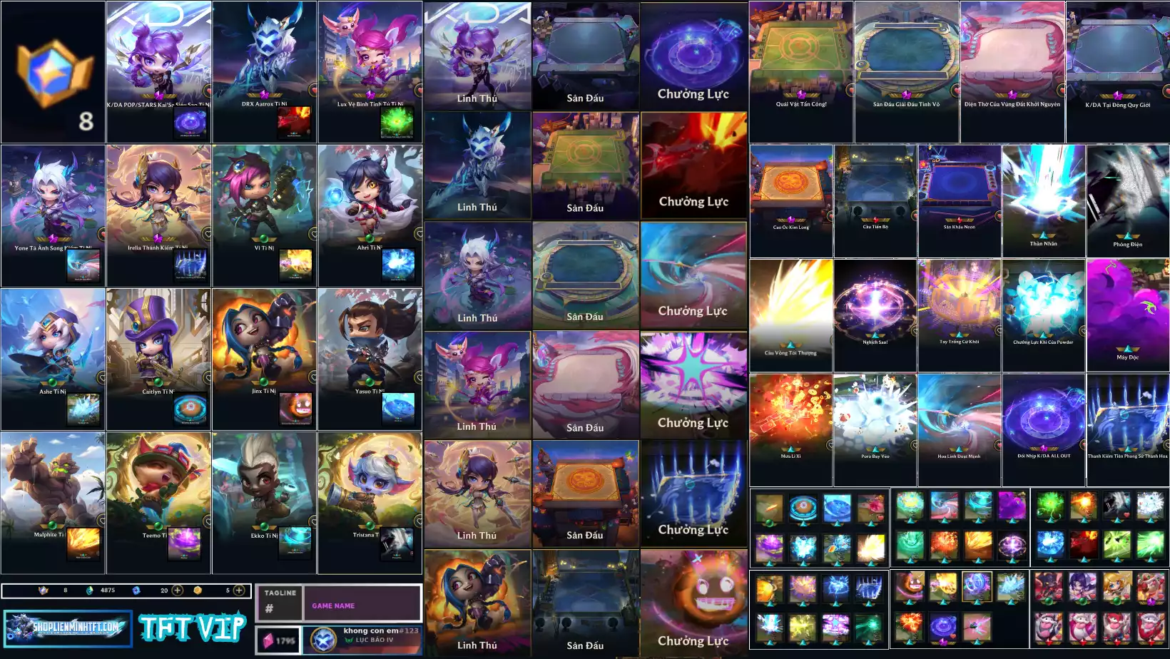 Acc #66789: TFT AATROX DRX KAISA KDA HÀNG HIỆU LUX VỆ BINH TINH TÚ YONE TÀ ẢNH SONG KIẾM IRELIA ...